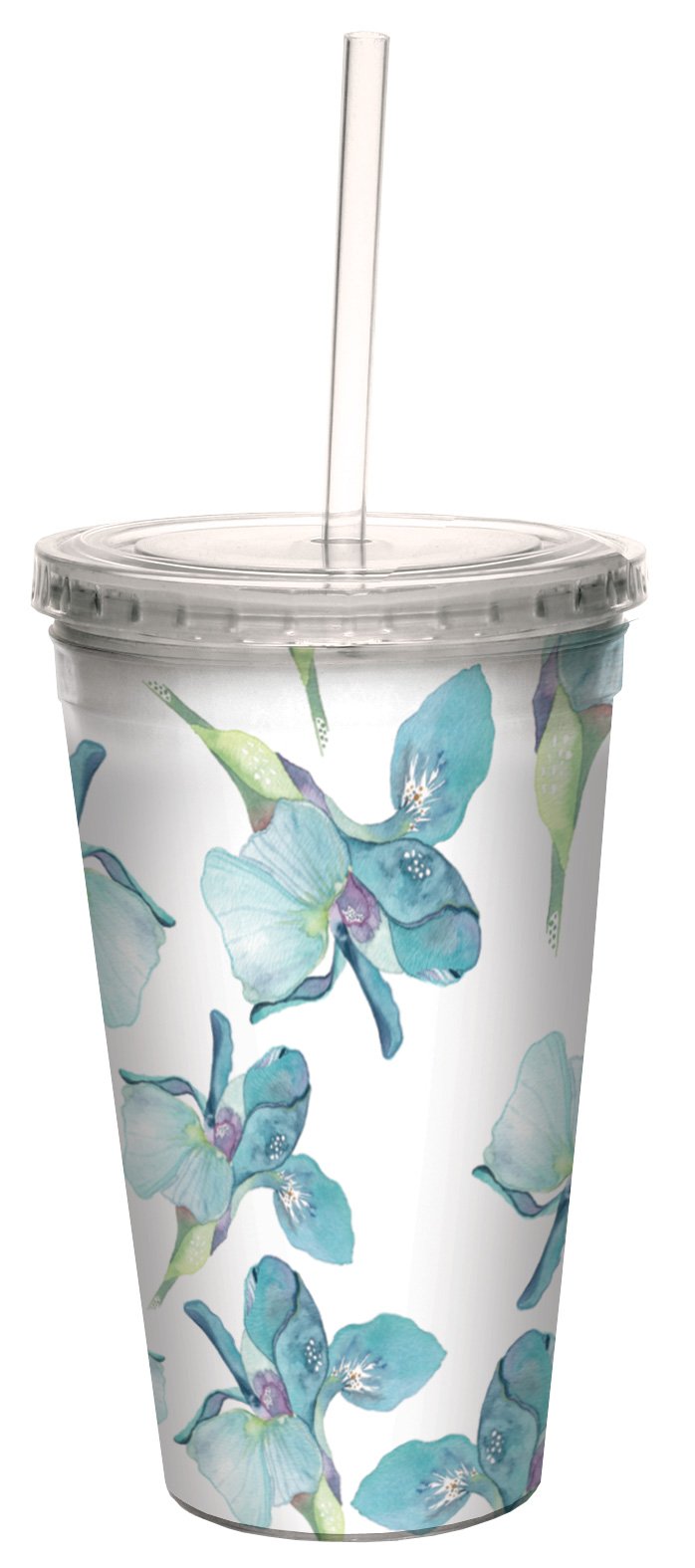 Tree-Free Greetings Delicate Turquoise Watercolor Lilies by Shell Rummel 16 Ounce Artful Double-Walled Cool Cup with Reusable Straw