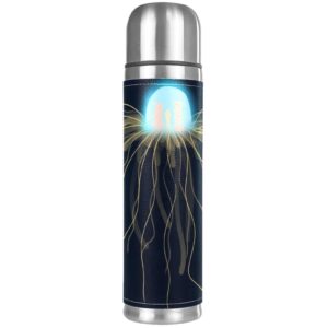 stainless steel leather vacuum insulated mug jellyfish thermos water bottle for hot and cold drinks kids adults 16 oz