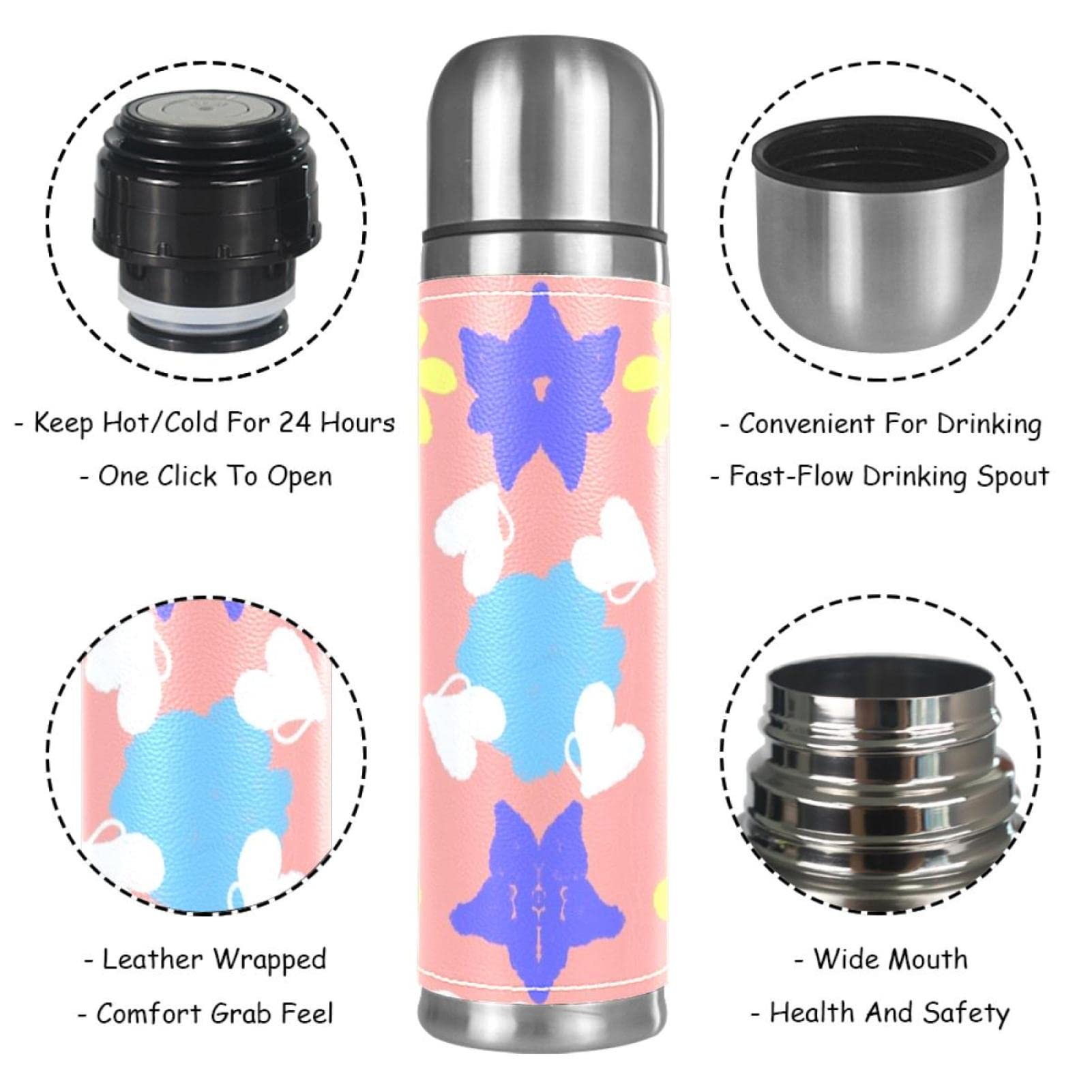 Stainless Steel Leather Vacuum Insulated Mug Abstract Thermos Water Bottle for Hot and Cold Drinks Kids Adults 16 Oz