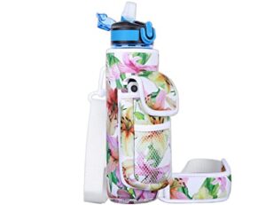 soptice 32oz water bottles with sleeve and straw lid hands free for outdoor sports insulated neoprene holder with adjustable strap bpa free reusable drink jug with carrier bag for phone tiger lily