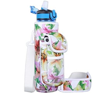 SOPTICE 32oz Water Bottles with Sleeve and Straw Lid Hands Free for Outdoor Sports Insulated Neoprene Holder with Adjustable Strap BPA Free Reusable Drink Jug with Carrier Bag for Phone Tiger Lily