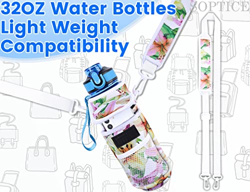 SOPTICE 32oz Water Bottles with Sleeve and Straw Lid Hands Free for Outdoor Sports Insulated Neoprene Holder with Adjustable Strap BPA Free Reusable Drink Jug with Carrier Bag for Phone Tiger Lily