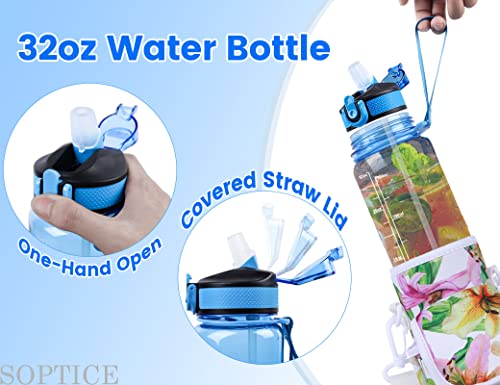 SOPTICE 32oz Water Bottles with Sleeve and Straw Lid Hands Free for Outdoor Sports Insulated Neoprene Holder with Adjustable Strap BPA Free Reusable Drink Jug with Carrier Bag for Phone Tiger Lily