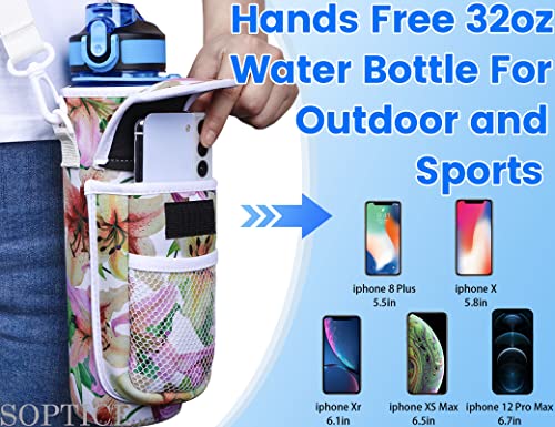 SOPTICE 32oz Water Bottles with Sleeve and Straw Lid Hands Free for Outdoor Sports Insulated Neoprene Holder with Adjustable Strap BPA Free Reusable Drink Jug with Carrier Bag for Phone Tiger Lily