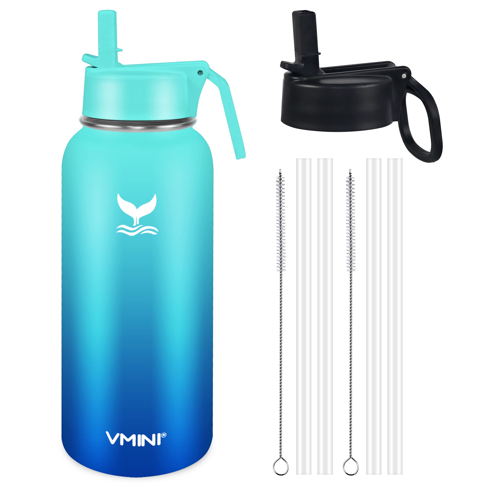 Vmini Water Bottle with New Wide Handle Straw Lid, Wide Mouth Vacuum Insulated 18/8 Stainless Steel, 4 Straws and 2 Brushes, 32 oz, Gradient Mint + Blue