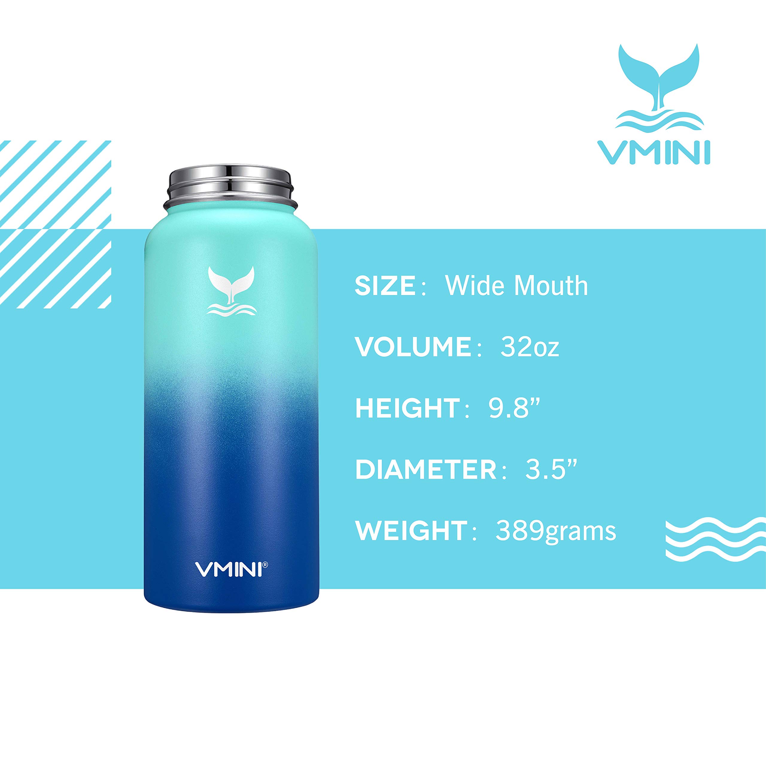 Vmini Water Bottle with New Wide Handle Straw Lid, Wide Mouth Vacuum Insulated 18/8 Stainless Steel, 4 Straws and 2 Brushes, 32 oz, Gradient Mint + Blue