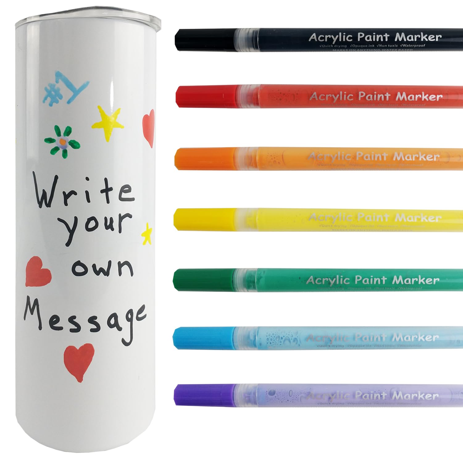 Create Your Own Personalized Gifts, White 20 oz Insulated Tumbler Mug with Lid, Set of 7 Acrylic Paint Pens (1 Tumbler | 1 Marker Set)