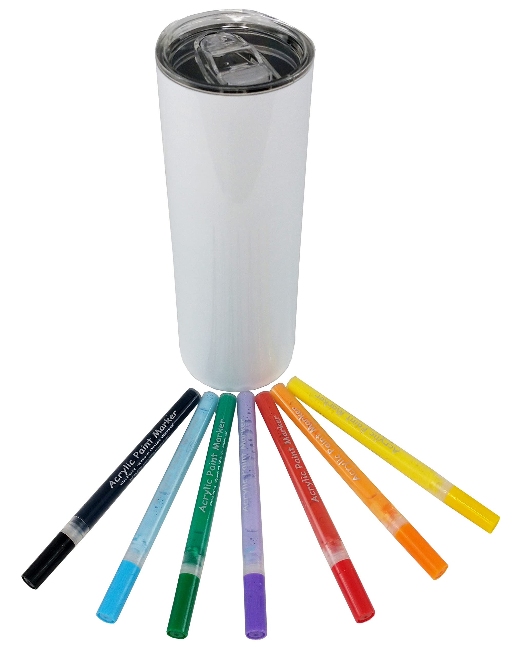 Create Your Own Personalized Gifts, White 20 oz Insulated Tumbler Mug with Lid, Set of 7 Acrylic Paint Pens (1 Tumbler | 1 Marker Set)