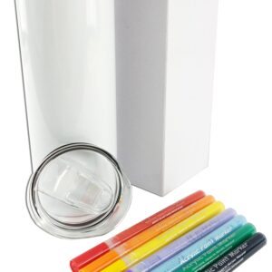 Create Your Own Personalized Gifts, White 20 oz Insulated Tumbler Mug with Lid, Set of 7 Acrylic Paint Pens (1 Tumbler | 1 Marker Set)