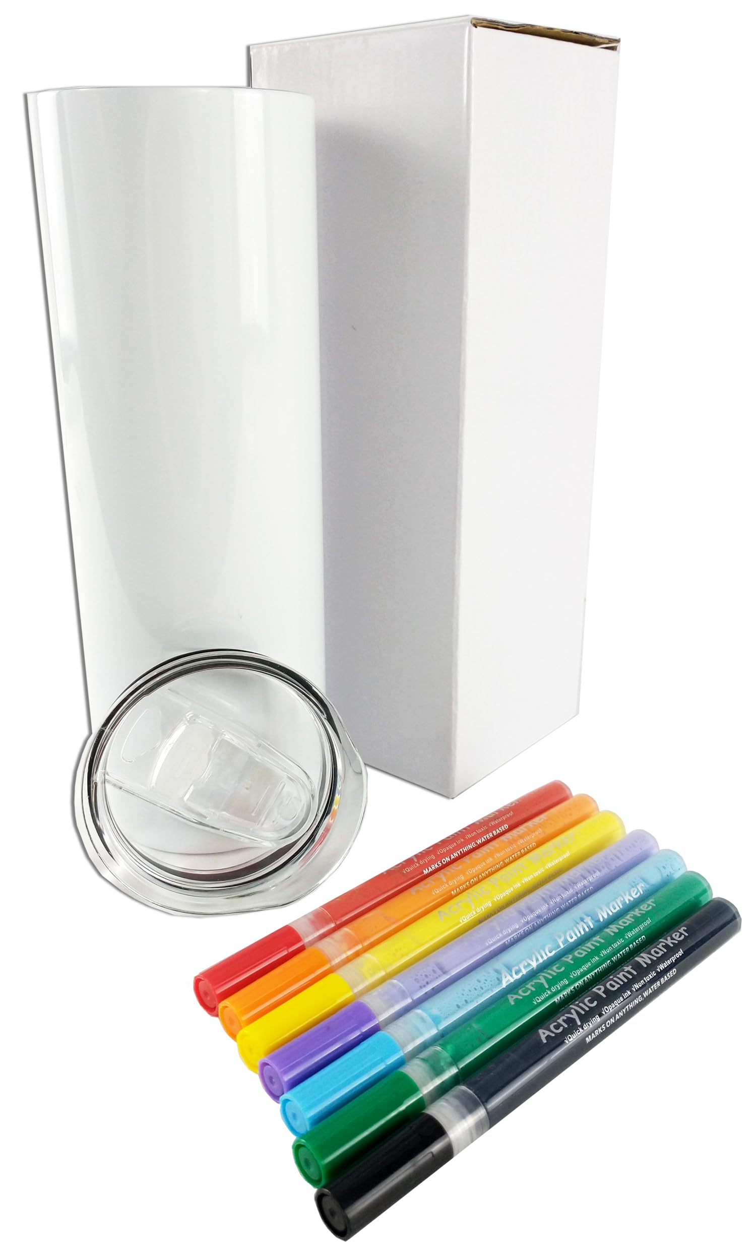 Create Your Own Personalized Gifts, White 20 oz Insulated Tumbler Mug with Lid, Set of 7 Acrylic Paint Pens (1 Tumbler | 1 Marker Set)