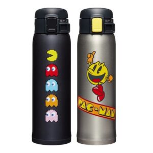 [zojirushi x pac-man] limited edition sm-she48pa ba&xa stainless steel mug, 2 count bundle (pack of 2), pac-man black&stainless 16oz (bundle 2-pack: black & silver)