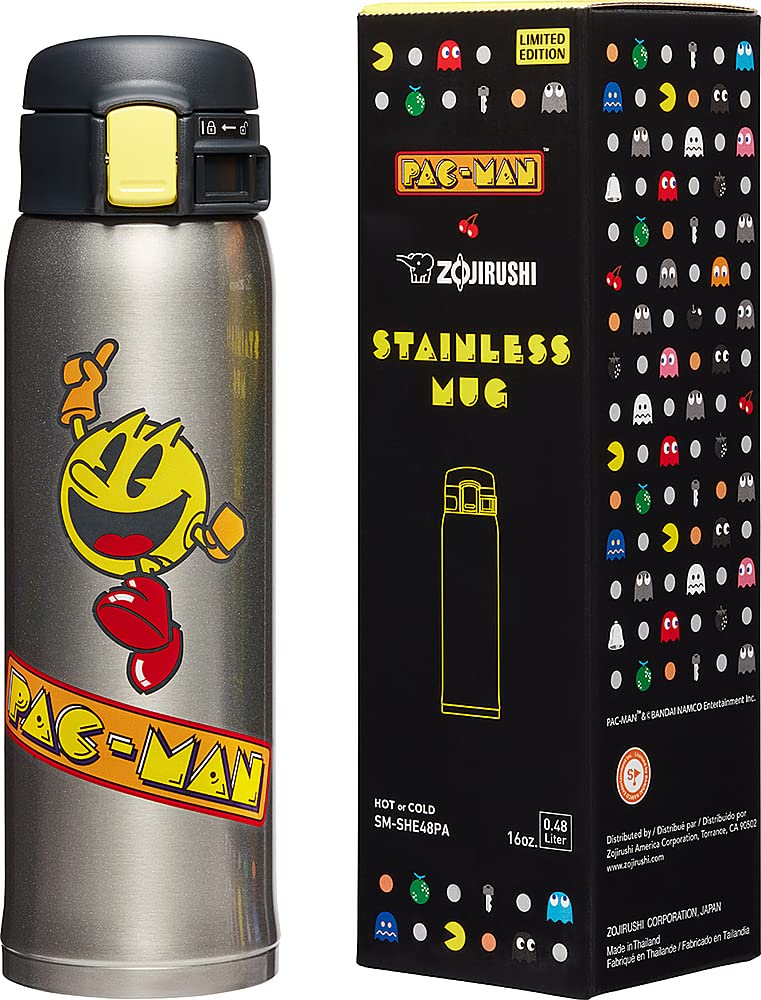 [Zojirushi x Pac-man] Limited Edition SM-SHE48PA BA&XA Stainless Steel Mug, 2 Count Bundle (Pack of 2), PAC-MAN Black&Stainless 16oz (Bundle 2-pack: Black & Silver)