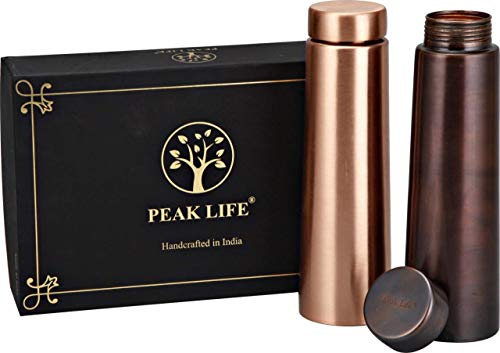 Peak Life Pure Copper Water Bottle for drinking - Copper Bottle Water Sleek Leakproof Copper Vessel for drinking water - Ayurvedic Pure Copper Bottle- 27 Oz (800ml)- Antique & Matt Finish