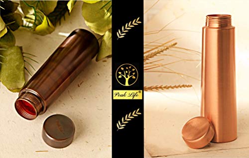 Peak Life Pure Copper Water Bottle for drinking - Copper Bottle Water Sleek Leakproof Copper Vessel for drinking water - Ayurvedic Pure Copper Bottle- 27 Oz (800ml)- Antique & Matt Finish