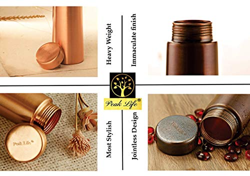 Peak Life Pure Copper Water Bottle for drinking - Copper Bottle Water Sleek Leakproof Copper Vessel for drinking water - Ayurvedic Pure Copper Bottle- 27 Oz (800ml)- Antique & Matt Finish