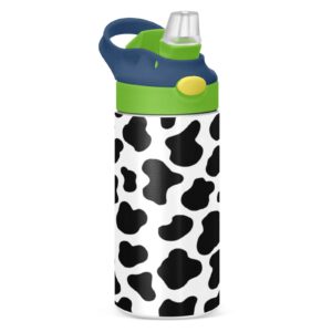 kigai 12 oz cow kids water bottle,insulated stainless steel water bottle with straw lid double walled leakproof flask for school toddlers girls boys