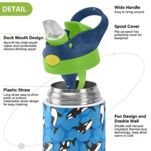 ALAZA Orca Killer Whale on Blue Background Kids Water Bottles with Lids Straw Insulated Stainless Steel Water Bottles Double Walled Leakproof Tumbler Travel Cup for Girls Boys Toddlers 12 oz / 350 ml,