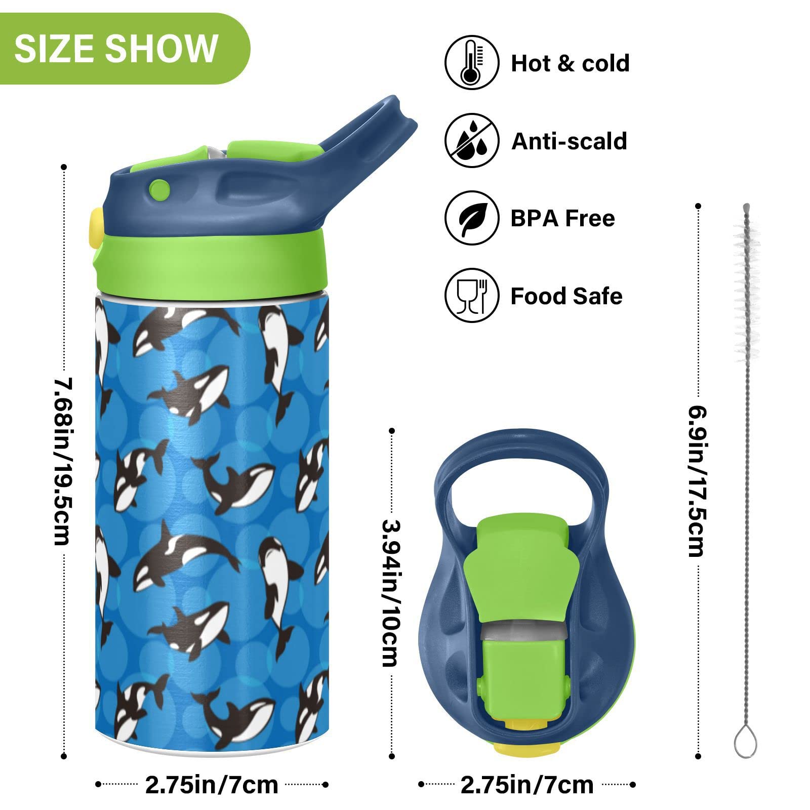 ALAZA Orca Killer Whale on Blue Background Kids Water Bottles with Lids Straw Insulated Stainless Steel Water Bottles Double Walled Leakproof Tumbler Travel Cup for Girls Boys Toddlers 12 oz / 350 ml,