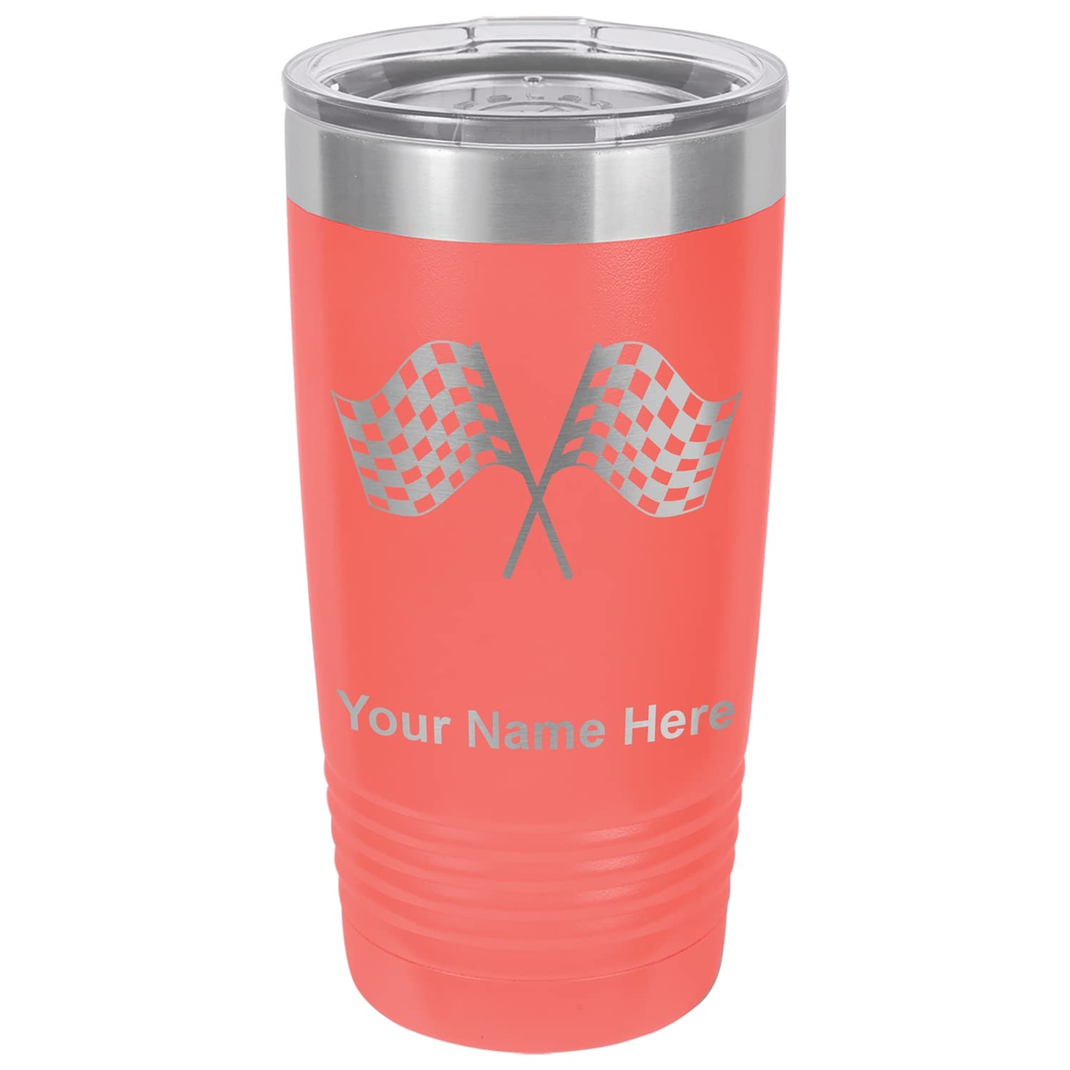 LaserGram 20oz Vacuum Insulated Tumbler Mug, Racing Flags, Personalized Engraving Included (Coral)