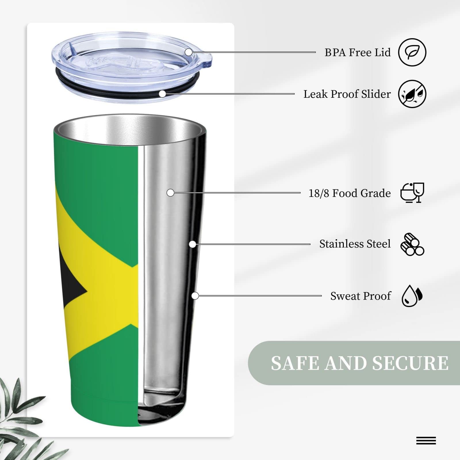 Dujiea 20oz Tumbler With Lid And Straw, Jamaica Flag Vacuum Insulated Iced Coffee Mug, Reusable Travel Cup Stainless Steel Water Bottle