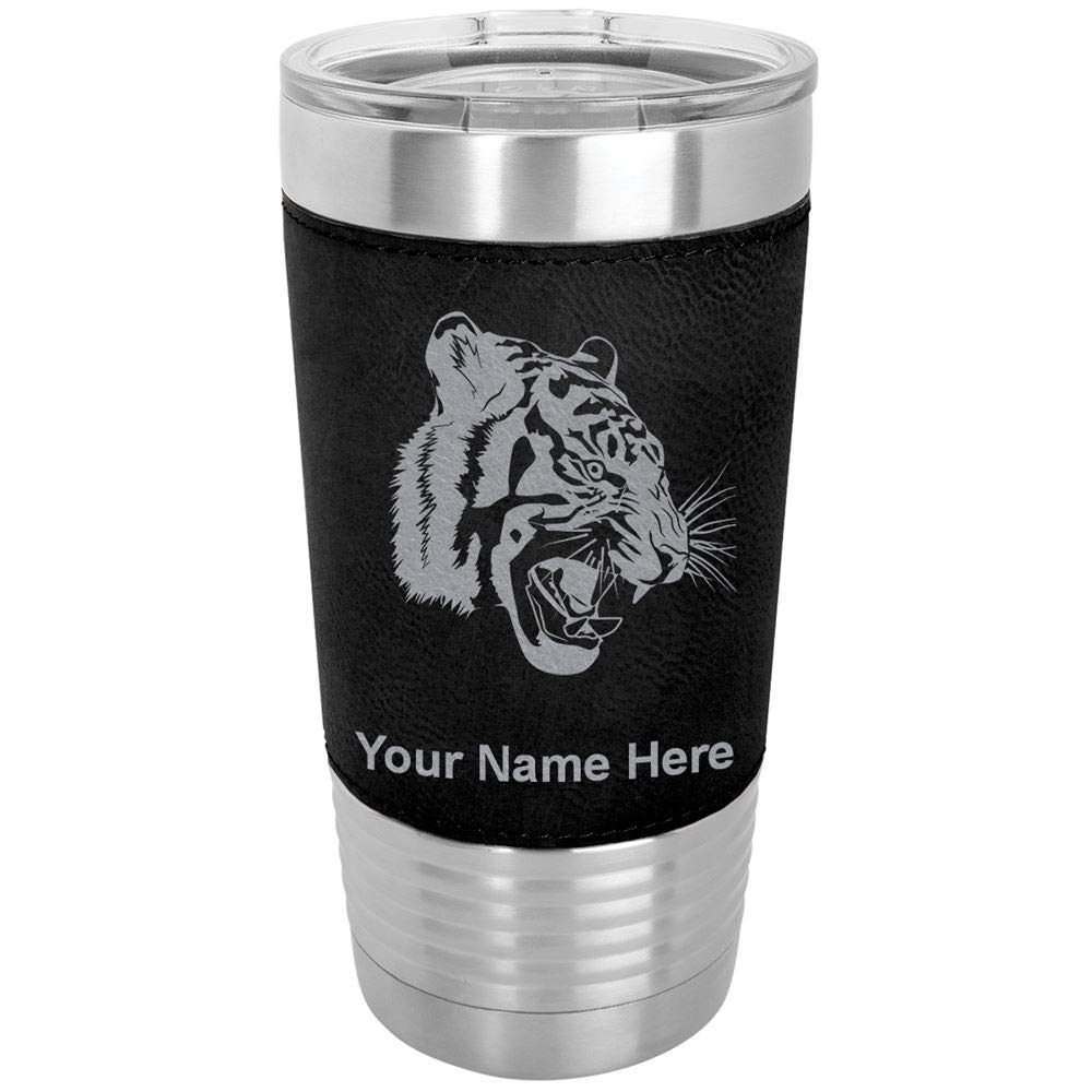 LaserGram 20oz Vacuum Insulated Tumbler Mug, Tiger Head, Personalized Engraving Included (Faux Leather, Black)