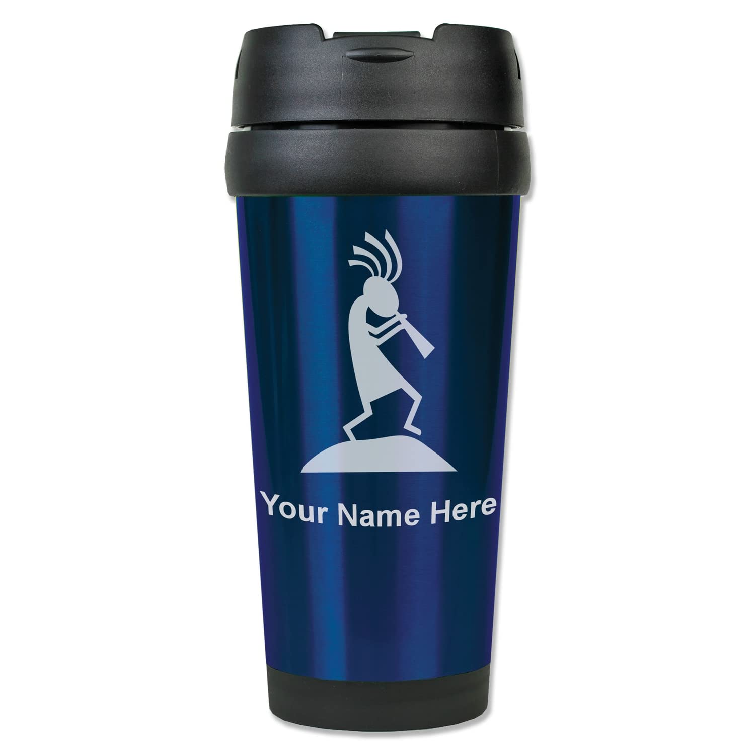 LaserGram 16oz Coffee Travel Mug, Kokopelli, Personalized Engraving Included (Dark Blue)