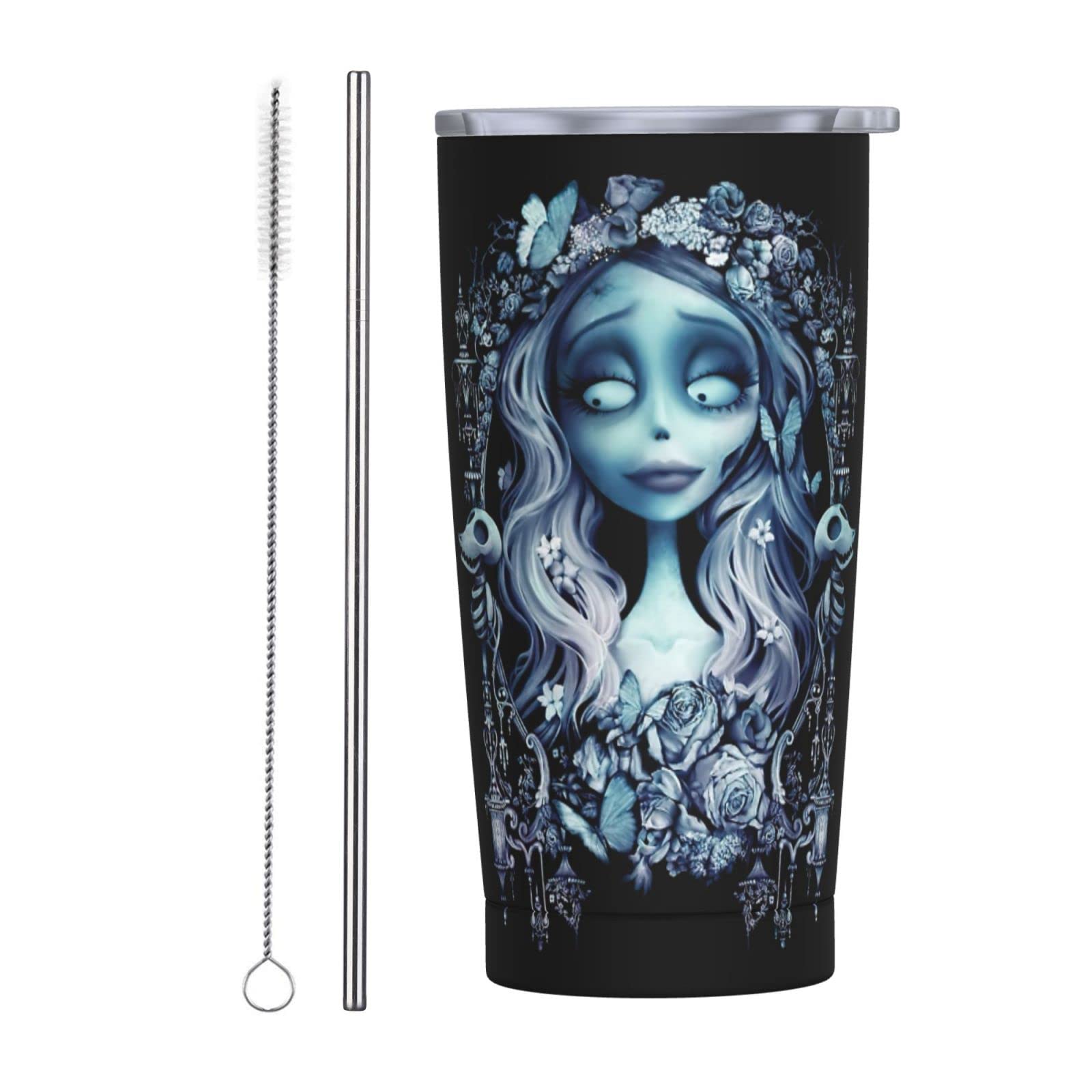 Anime Corpse Bride Stainless Steel Coffee Mug With Straw And Lid Brush Vacuum Insulated Coffee Tumbler Durable Travel Mugs Thermal Cup For Car Office 20 OZ