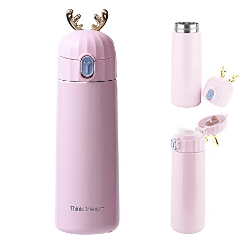 Water Bottle, Insulated Stainless Steel Water Bottle, Deer Horn Kids Cups, Vacuum Insulated Double Wall Camping Tumbler, Gifts for Women, Christmas, Friends, Mom, Her, Sister, Aunt, Daughter, 350 ML