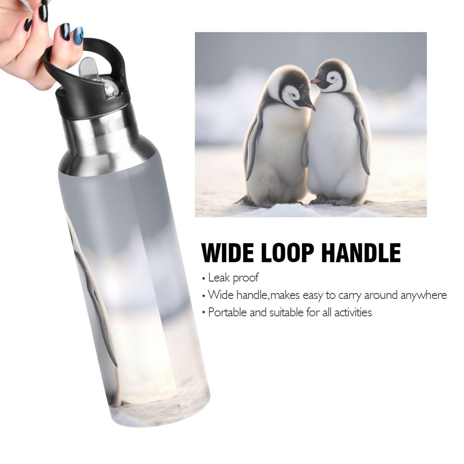 STAYTOP Stainless Steel Vacuum Insulated Portable Insulation Cup, Leak-Proof Sports Bottle Coffee Travel Mug with Straw, Suitable for Students and Kids, Men, Women-Cute Penguin