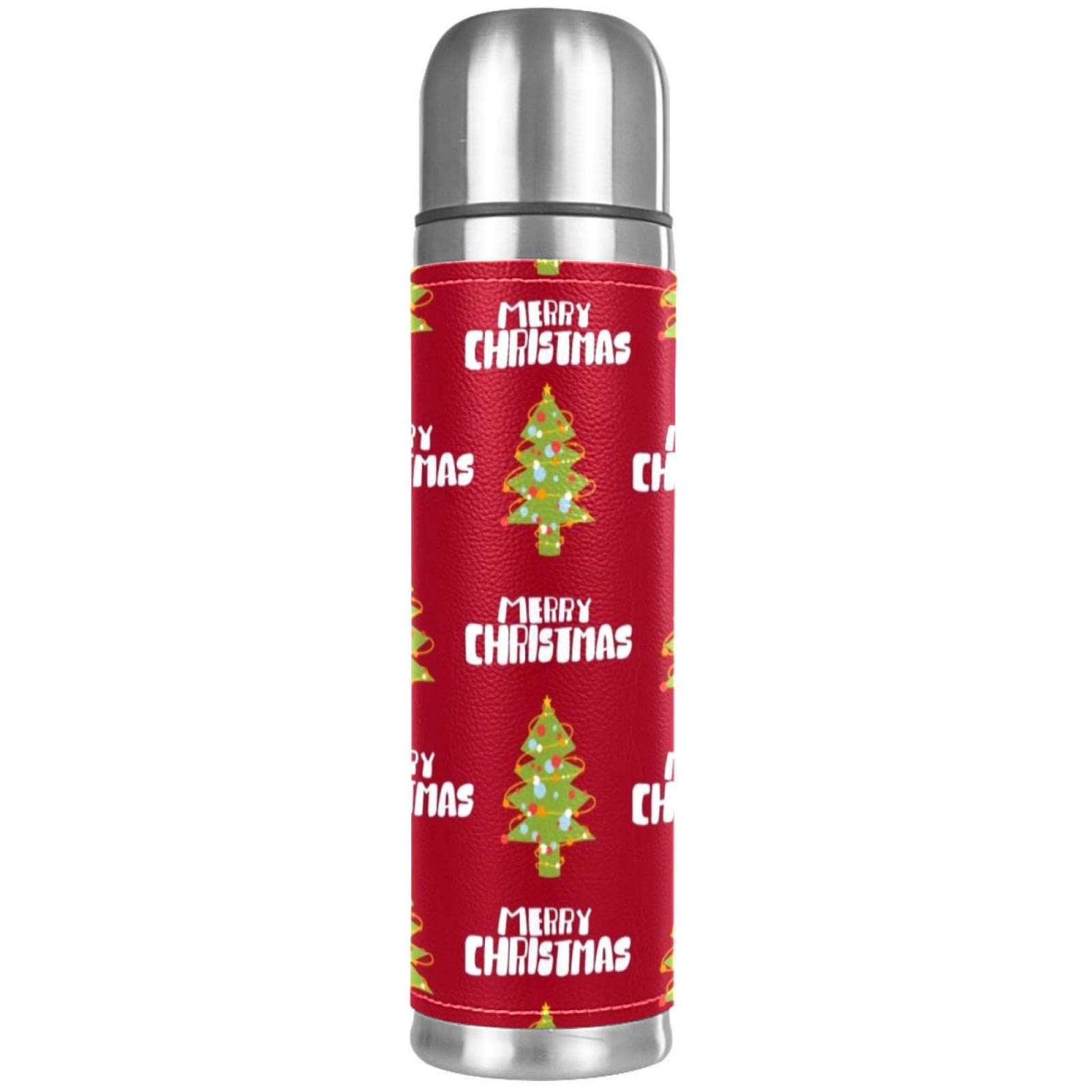 Stainless Steel Leather Vacuum Insulated Mug Christmas Tree Thermos Water Bottle for Hot and Cold Drinks Kids Adults 16 Oz