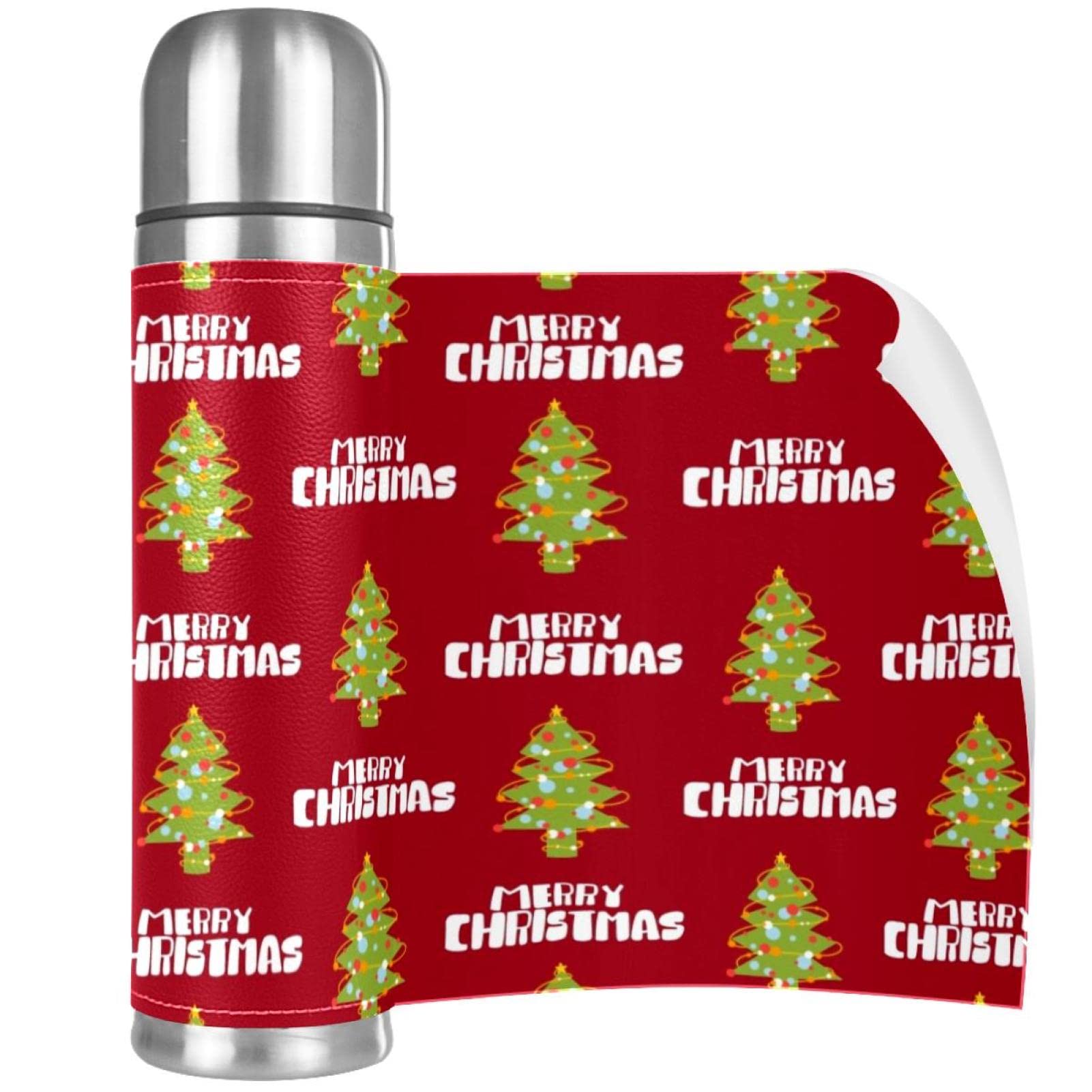 Stainless Steel Leather Vacuum Insulated Mug Christmas Tree Thermos Water Bottle for Hot and Cold Drinks Kids Adults 16 Oz