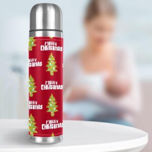 Stainless Steel Leather Vacuum Insulated Mug Christmas Tree Thermos Water Bottle for Hot and Cold Drinks Kids Adults 16 Oz