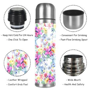 Stainless Steel Leather Vacuum Insulated Mug Flowers Thermos Water Bottle for Hot and Cold Drinks Kids Adults 16 Oz