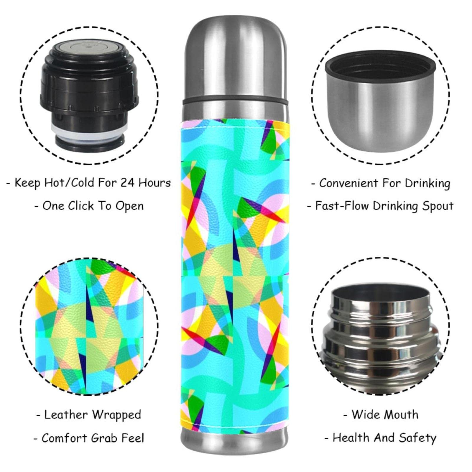 Stainless Steel Leather Vacuum Insulated Mug Geometry Thermos Water Bottle for Hot and Cold Drinks Kids Adults 16 Oz