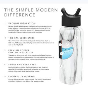 Simple Modern Insulated Water Bottle with 3 Lids - Straw, Flip, Chug - Small Reusable Wide Mouth Stainless Steel Flask Thermos Sport, 18oz (530ml), Pattern: Carrara Marble