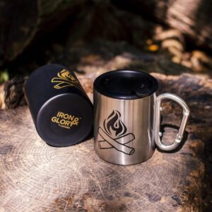 Iron and Glory Stainless Steel Camping Mug Travel Mug with Carabiner Clip easy to Pack Camping Accessories Double Walled Stainless Steel Coffee Mug