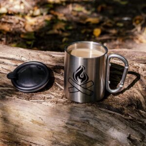 Iron and Glory Stainless Steel Camping Mug Travel Mug with Carabiner Clip easy to Pack Camping Accessories Double Walled Stainless Steel Coffee Mug