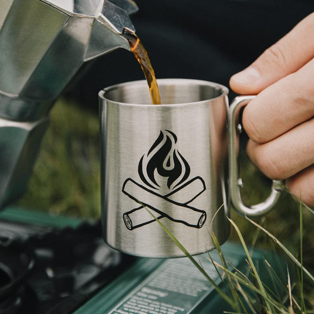 Iron and Glory Stainless Steel Camping Mug Travel Mug with Carabiner Clip easy to Pack Camping Accessories Double Walled Stainless Steel Coffee Mug