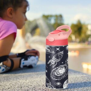 Blueangle Kids Insulated Water Bottle with Straw Lid - 12oz Double Wall Vacuum Travel Tumbler Stainless Steel Reusable Cartoon Planet Stellar Rocket Kids Cup for School Boy Girl（523）