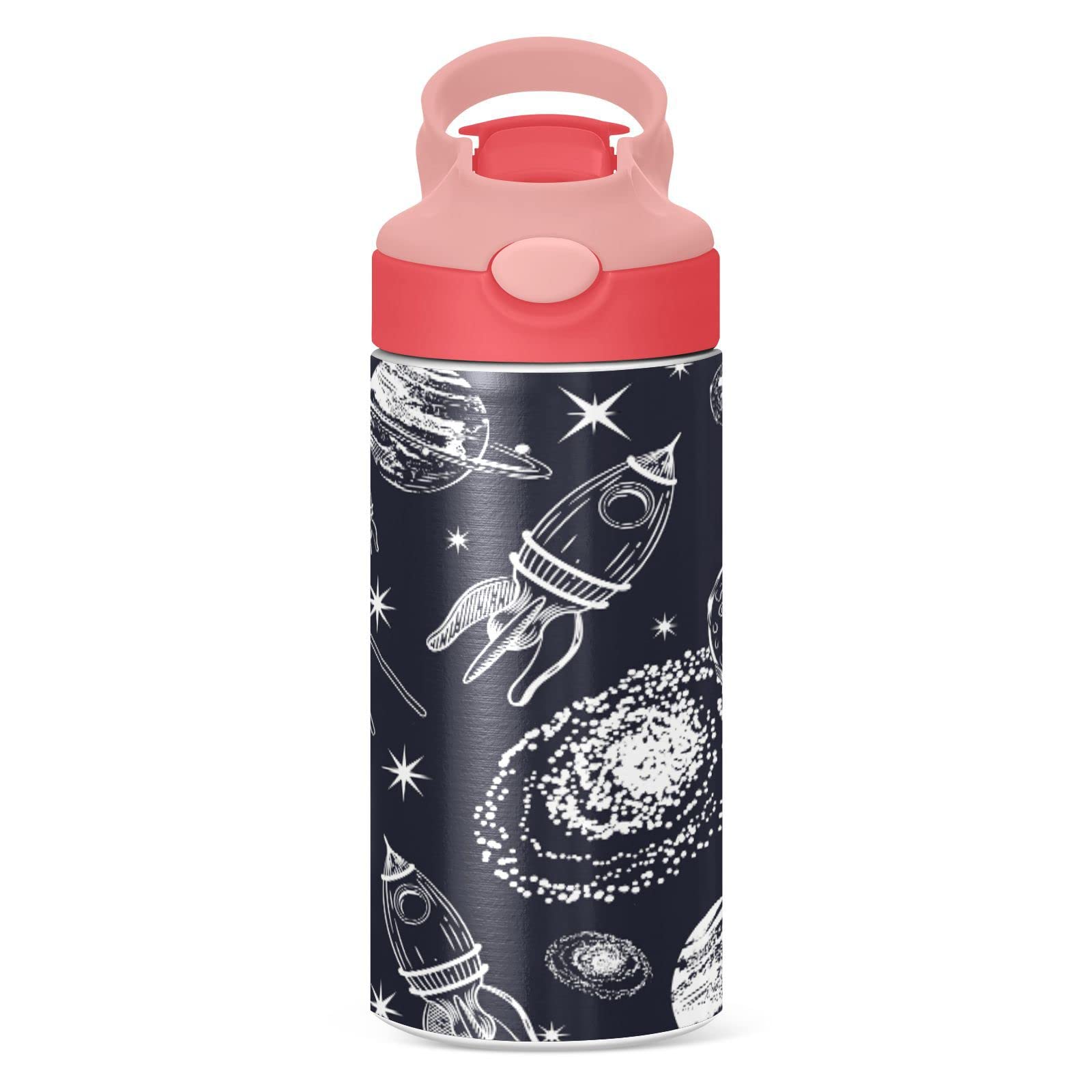 Blueangle Kids Insulated Water Bottle with Straw Lid - 12oz Double Wall Vacuum Travel Tumbler Stainless Steel Reusable Cartoon Planet Stellar Rocket Kids Cup for School Boy Girl（523）