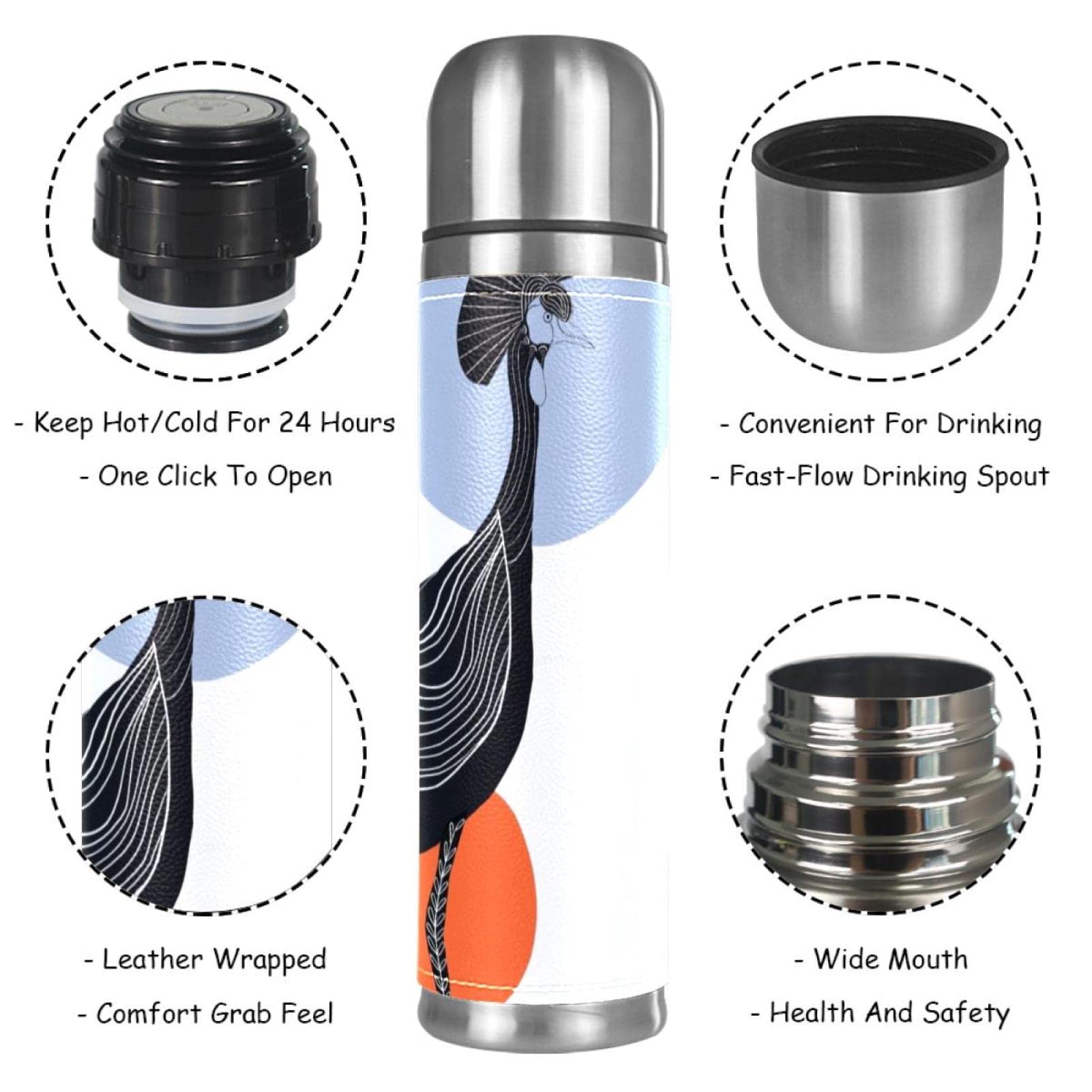 Stainless Steel Leather Vacuum Insulated Mug Bird Thermos Water Bottle for Hot and Cold Drinks Kids Adults 16 Oz