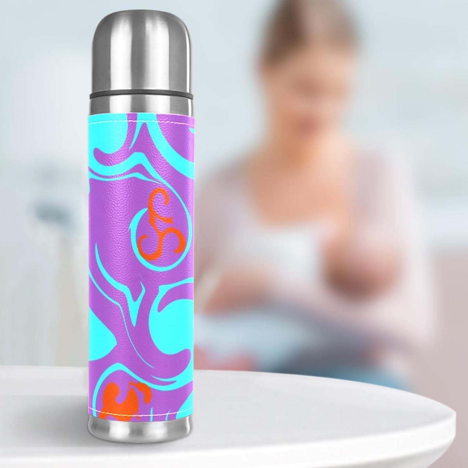 Stainless Steel Leather Vacuum Insulated Mug Crazy Colors Thermos Water Bottle for Hot and Cold Drinks Kids Adults 16 Oz