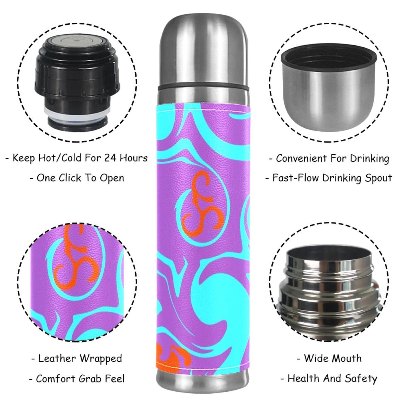 Stainless Steel Leather Vacuum Insulated Mug Crazy Colors Thermos Water Bottle for Hot and Cold Drinks Kids Adults 16 Oz