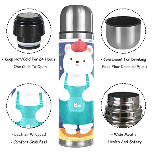 Stainless Steel Leather Vacuum Insulated Mug Bear Thermos Water Bottle for Hot and Cold Drinks Kids Adults 16 Oz