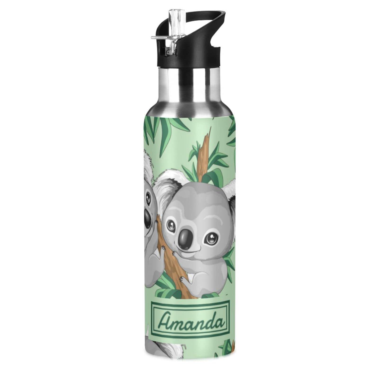 Koala Cute On Green Sport Water Bottle with Straw Lid Leakproof Kids Insulated Stainless Steel Water Flask Thermos Bottle for Gym Outdoor 20 oz