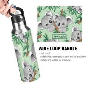 Koala Cute On Green Sport Water Bottle with Straw Lid Leakproof Kids Insulated Stainless Steel Water Flask Thermos Bottle for Gym Outdoor 20 oz