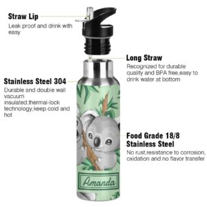 Koala Cute On Green Sport Water Bottle with Straw Lid Leakproof Kids Insulated Stainless Steel Water Flask Thermos Bottle for Gym Outdoor 20 oz