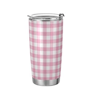 yasala tumbler gingham plaid pink insulated coffee cup beverage container travel mug with straw and lid double wall stainless steel 20oz bpa-free for sport, back to school