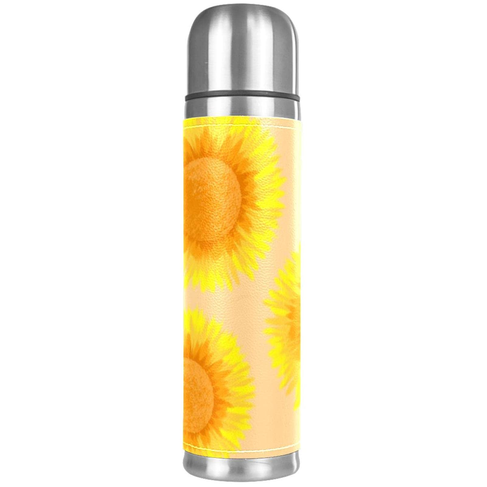 Stainless Steel Leather Vacuum Insulated Mug Sunflower Thermos Water Bottle for Hot and Cold Drinks Kids Adults 16 Oz