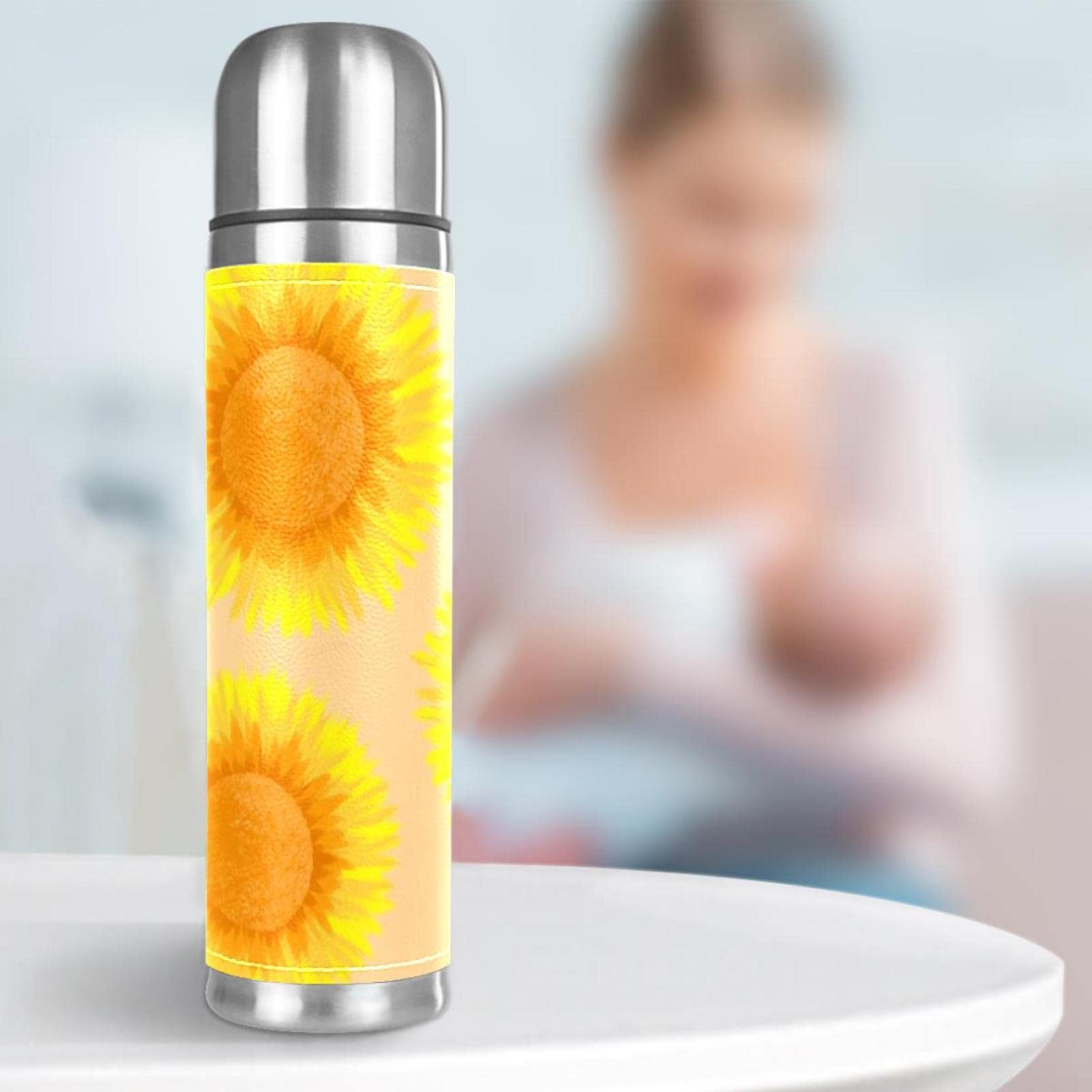 Stainless Steel Leather Vacuum Insulated Mug Sunflower Thermos Water Bottle for Hot and Cold Drinks Kids Adults 16 Oz